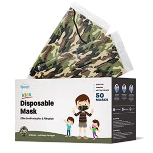 wecare kids disposable face masks, 50 green camo masks, individually wrapped