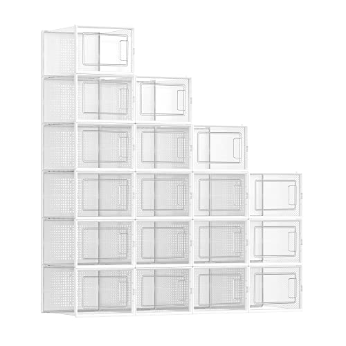 SONGMICS Shoe Boxes, Set of 18 Shoe Storage Organizers, Stackable and Foldable for Sneakers, Fit up to US Size 13, Transparent and White ULSP18MWT