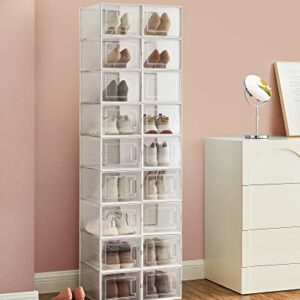 SONGMICS Shoe Boxes, Set of 18 Shoe Storage Organizers, Stackable and Foldable for Sneakers, Fit up to US Size 13, Transparent and White ULSP18MWT