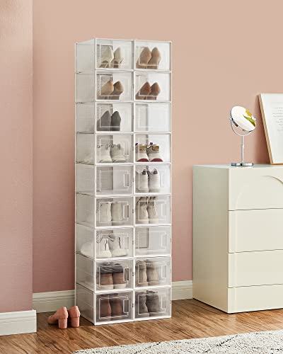 SONGMICS Shoe Boxes, Set of 18 Shoe Storage Organizers, Stackable and Foldable for Sneakers, Fit up to US Size 13, Transparent and White ULSP18MWT