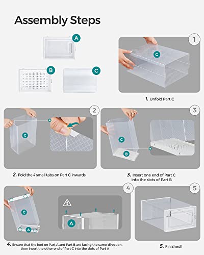 SONGMICS Shoe Boxes, Set of 18 Shoe Storage Organizers, Stackable and Foldable for Sneakers, Fit up to US Size 13, Transparent and White ULSP18MWT