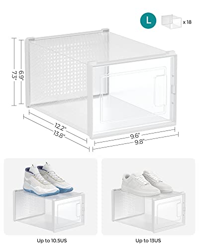 SONGMICS Shoe Boxes, Set of 18 Shoe Storage Organizers, Stackable and Foldable for Sneakers, Fit up to US Size 13, Transparent and White ULSP18MWT