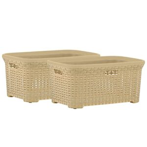 superio laundry basket plastic storage hamper basket, beige cloths basket organizer with cut-out handles. space saving for laundry room bedroom bathroom, wicker design 50 liter (2 pack)