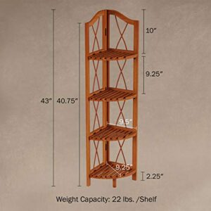 Lavish Home Folding Corner Shelf-4 Tier Wooden Bookcase-for Display Shelving for Living Room, Bathroom, Kitchen or Office-Freestanding Organizer, 43", Pecan