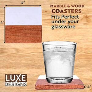 Acacia Wood & White Marble Coasters with Holder (4 Piece) – Square Absorbent Coasters For Drinks: Tea, Coffee, Wine & More – Fancy Half Marble Half Wood Coasters Set for Home & Kitchen Decor (4” x 4”)