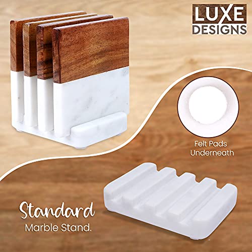 Acacia Wood & White Marble Coasters with Holder (4 Piece) – Square Absorbent Coasters For Drinks: Tea, Coffee, Wine & More – Fancy Half Marble Half Wood Coasters Set for Home & Kitchen Decor (4” x 4”)