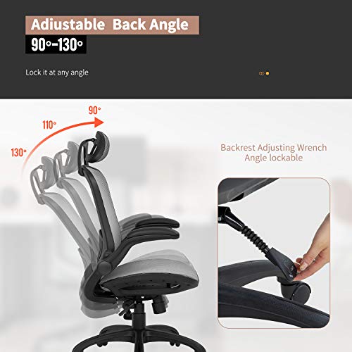 Office Chair Ergonomic Desk Chair Mesh Computer Chair with Lumbar Support Headrest Flip UP Arms Rolling Swivel Adjustable Task Chair for Adults(Grey)