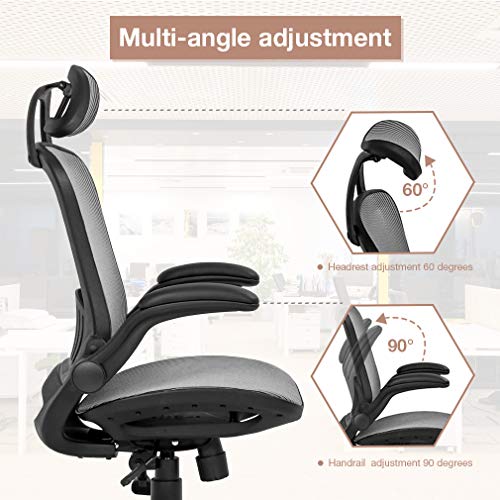 Office Chair Ergonomic Desk Chair Mesh Computer Chair with Lumbar Support Headrest Flip UP Arms Rolling Swivel Adjustable Task Chair for Adults(Grey)