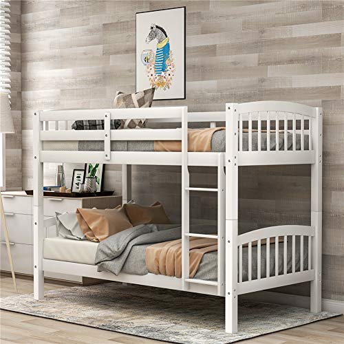 CJLMN Twin Over Twin Bunk Beds, Convertible Into Two Individual Solid Wood Beds, Children Twin Sleeping Bedroom Furniture Ladder and Safety Rail for Kids Boys & Girl, Easy Assembly (White)