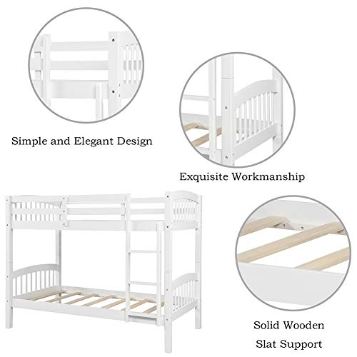 CJLMN Twin Over Twin Bunk Beds, Convertible Into Two Individual Solid Wood Beds, Children Twin Sleeping Bedroom Furniture Ladder and Safety Rail for Kids Boys & Girl, Easy Assembly (White)