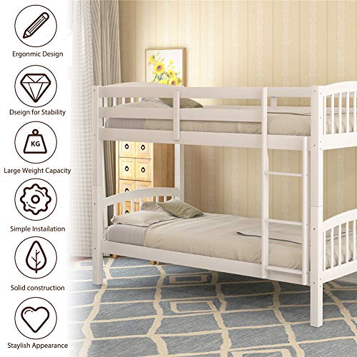 CJLMN Twin Over Twin Bunk Beds, Convertible Into Two Individual Solid Wood Beds, Children Twin Sleeping Bedroom Furniture Ladder and Safety Rail for Kids Boys & Girl, Easy Assembly (White)