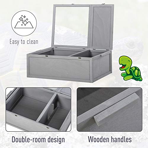 PawHut 37” Wooden Tortoise House Turtle Terrarium/Small Reptile Enclosure with Two Room Design, Grey