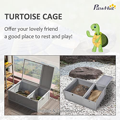 PawHut 37” Wooden Tortoise House Turtle Terrarium/Small Reptile Enclosure with Two Room Design, Grey