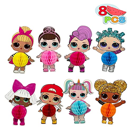 Doll Party Favors, 6pcs Cartoon LOL Honeycomb Centerpieces, Table Topper for Birthday Party Decoration, Double Sided Cake Topper, Party Supplies for Kids, Photo Booth Props