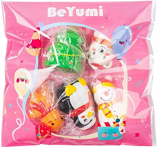 BeYumi 6 Packs Christmas Squeeze Slow Rising Toys, Santa Claus, Christmas Tree, Gingerbread, Snowman, Penguin, White Bear, Soft Scented Squeeze Decompression Stress Relief Toys for Kids Party Favor