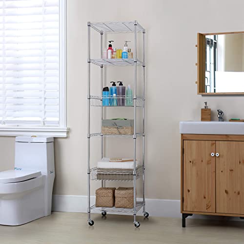 Finnhomy Heavy Duty 6 Tier Wire Shelving Unit with Wheels 18x18x72-inches 6 Shelves Storage Rack Thicken Steel Tube, Adjustable Shelving Rack for Kitchen Bathroom Office, NSF Certified, Chrome