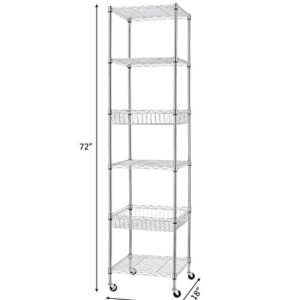 Finnhomy Heavy Duty 6 Tier Wire Shelving Unit with Wheels 18x18x72-inches 6 Shelves Storage Rack Thicken Steel Tube, Adjustable Shelving Rack for Kitchen Bathroom Office, NSF Certified, Chrome