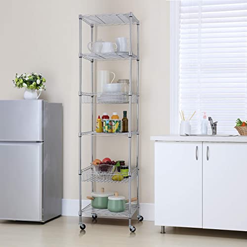 Finnhomy Heavy Duty 6 Tier Wire Shelving Unit with Wheels 18x18x72-inches 6 Shelves Storage Rack Thicken Steel Tube, Adjustable Shelving Rack for Kitchen Bathroom Office, NSF Certified, Chrome