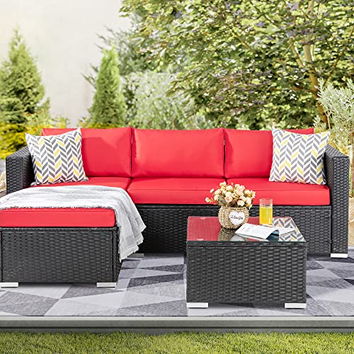 Walsunny 3 Piece Patio Furniture Set Outdoor Sectional Sofa with Upgrade Rattan Wicker Conversation Loveseat Couch(Black Rattan)(Red)