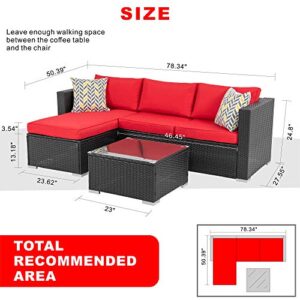 Walsunny 3 Piece Patio Furniture Set Outdoor Sectional Sofa with Upgrade Rattan Wicker Conversation Loveseat Couch(Black Rattan)(Red)