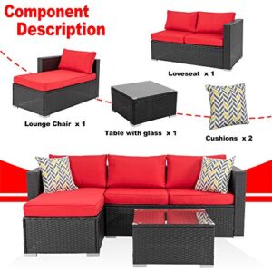 Walsunny 3 Piece Patio Furniture Set Outdoor Sectional Sofa with Upgrade Rattan Wicker Conversation Loveseat Couch(Black Rattan)(Red)