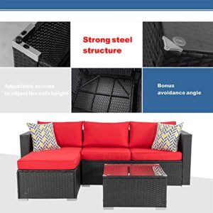 Walsunny 3 Piece Patio Furniture Set Outdoor Sectional Sofa with Upgrade Rattan Wicker Conversation Loveseat Couch(Black Rattan)(Red)