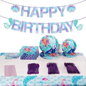 Happy Birthday Banner Mermaid Pre-assembled, Mermaid Birthday Decoration for Girls, Mermaid Party Supplies for Mermaid/Under The Sea Animal Themed Birthday Party, Baby Shower