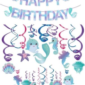 Happy Birthday Banner Mermaid Pre-assembled, Mermaid Birthday Decoration for Girls, Mermaid Party Supplies for Mermaid/Under The Sea Animal Themed Birthday Party, Baby Shower