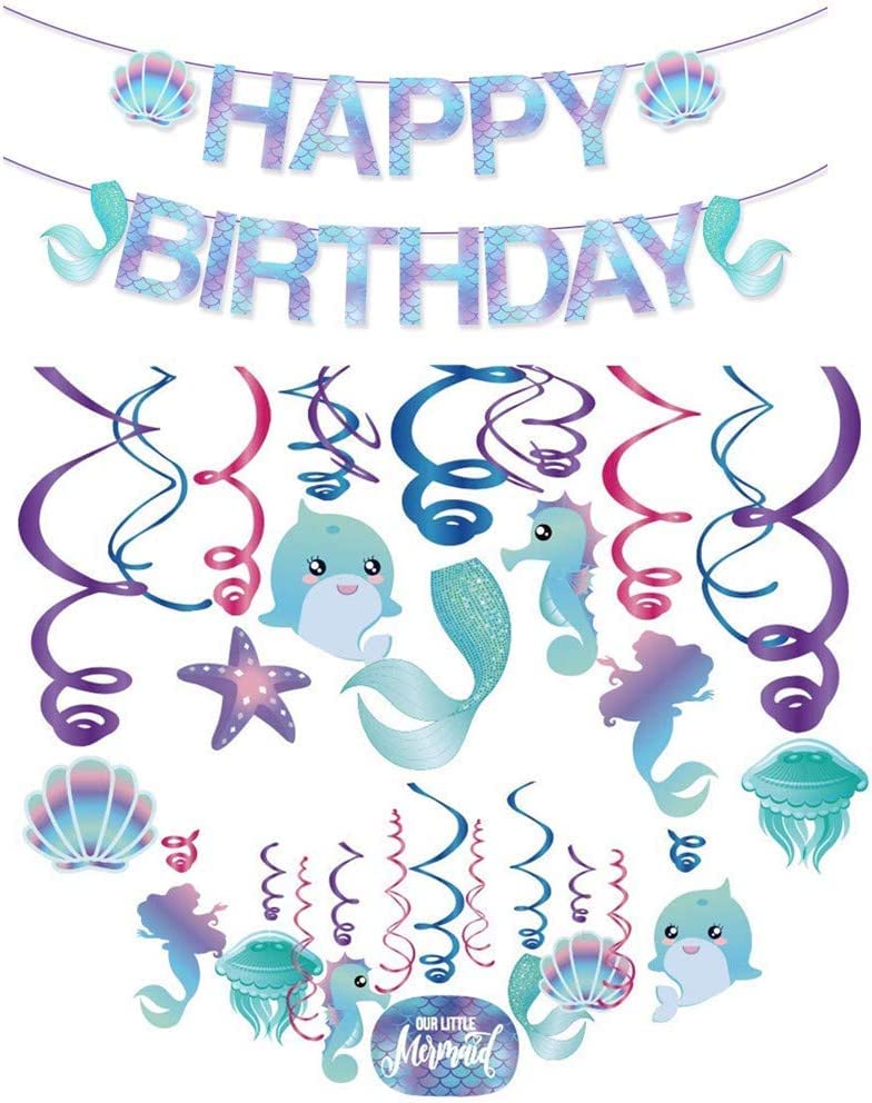 Happy Birthday Banner Mermaid Pre-assembled, Mermaid Birthday Decoration for Girls, Mermaid Party Supplies for Mermaid/Under The Sea Animal Themed Birthday Party, Baby Shower