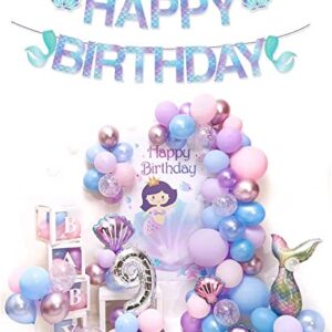 Happy Birthday Banner Mermaid Pre-assembled, Mermaid Birthday Decoration for Girls, Mermaid Party Supplies for Mermaid/Under The Sea Animal Themed Birthday Party, Baby Shower