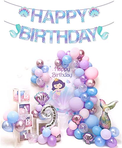 Happy Birthday Banner Mermaid Pre-assembled, Mermaid Birthday Decoration for Girls, Mermaid Party Supplies for Mermaid/Under The Sea Animal Themed Birthday Party, Baby Shower