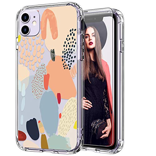 ICEDIO iPhone 11 Case with Screen Protector,Clear with Multi-Colored Painting Patterns for Girls Women,Shockproof Slim Fit TPU Cover Protective Phone Case for Apple iPhone 11 6.1 inch