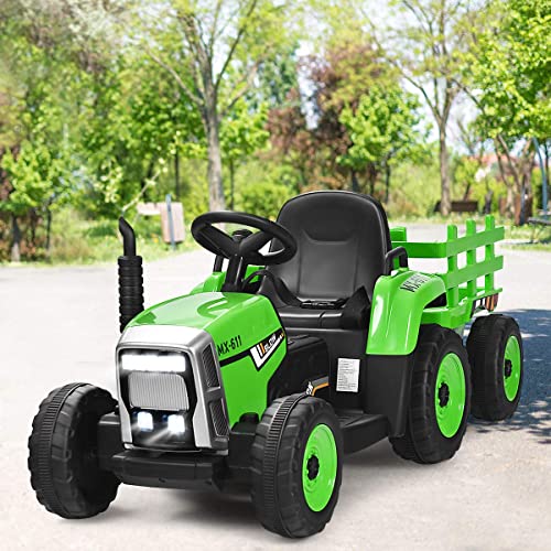 Costzon Ride on Tractor w/Trailer, 12V Battery Powered Electric Vehicle Toy w/Remote Control, 3-Gear-Shift Ground Loader, Treaded Tires, USB, LED Lights, Audio, Safety Belt, Kids Ride on Car (Green)