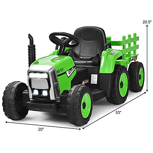 Costzon Ride on Tractor w/Trailer, 12V Battery Powered Electric Vehicle Toy w/Remote Control, 3-Gear-Shift Ground Loader, Treaded Tires, USB, LED Lights, Audio, Safety Belt, Kids Ride on Car (Green)