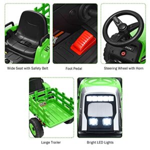 Costzon Ride on Tractor w/Trailer, 12V Battery Powered Electric Vehicle Toy w/Remote Control, 3-Gear-Shift Ground Loader, Treaded Tires, USB, LED Lights, Audio, Safety Belt, Kids Ride on Car (Green)