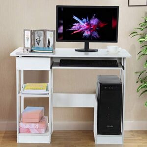 OKBOP Desktop Home Computer Desk with Storage Shelves Keyboard Tray, White Small Office Desk, Modern Writing Desk Wood Student Study Table Notebook Workstation (White)