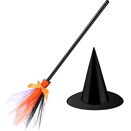 Halloween Witch Costume Accessory Plastic Witch Broom Kids Black Witch Hat Wizard Flying Broom Photography Prop Toy Wizard Cosplay for Halloween Dress Up Costume Party (Mix Color)