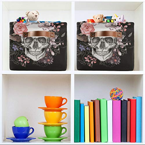 WELLDAY 2PCS Storage Basket Black Rose Skull Large Foldable Storage Bin Cube Collapsible Organizer