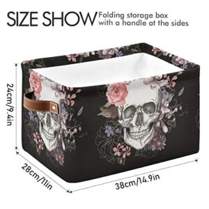 WELLDAY 2PCS Storage Basket Black Rose Skull Large Foldable Storage Bin Cube Collapsible Organizer