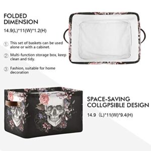 WELLDAY 2PCS Storage Basket Black Rose Skull Large Foldable Storage Bin Cube Collapsible Organizer