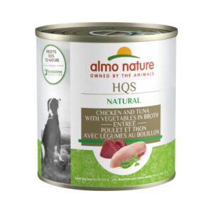 almo nature hqs natural chicken and tuna entree with vegetables in broth, gluten free, additive free, adult dog canned wet food, shredded 12 x 280g/9.87 oz