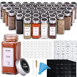 hatoku glass spice jars 48pcs empty square spice bottles, 4oz seasoning containers with 400 labels, spice containers with shaker lids and silicone collapsible funnel, brush