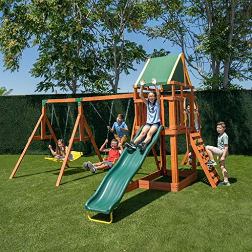 Sportspower Amazon Exclusive Olympia Wood Swing Set with 3 Swings, Slide, and Monkey Bars, Natural/Green