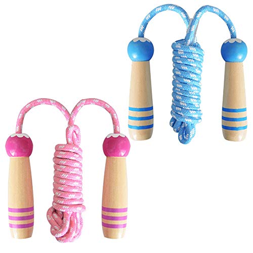 2 Pcs Jumping Rope for Kids, Lorvain Adjustable Skipping Ropes with Wooden Handle Cotton Braided for Boys Girls Jumping Ropes, for Children Students Outdoor Exercise (Blue+Pink)