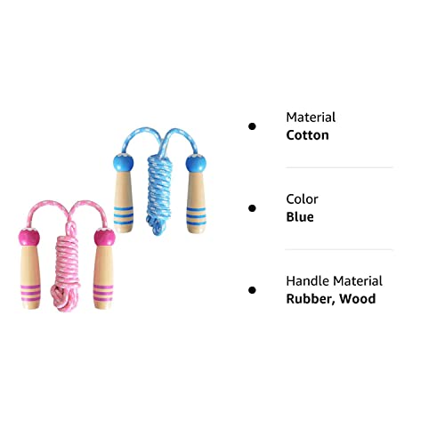 2 Pcs Jumping Rope for Kids, Lorvain Adjustable Skipping Ropes with Wooden Handle Cotton Braided for Boys Girls Jumping Ropes, for Children Students Outdoor Exercise (Blue+Pink)