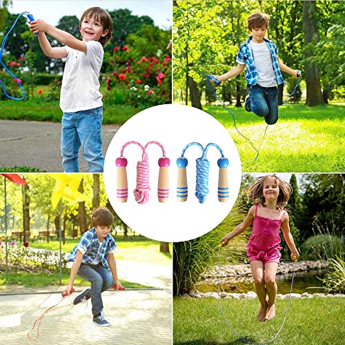 2 Pcs Jumping Rope for Kids, Lorvain Adjustable Skipping Ropes with Wooden Handle Cotton Braided for Boys Girls Jumping Ropes, for Children Students Outdoor Exercise (Blue+Pink)