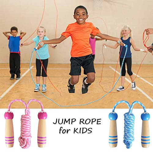 2 Pcs Jumping Rope for Kids, Lorvain Adjustable Skipping Ropes with Wooden Handle Cotton Braided for Boys Girls Jumping Ropes, for Children Students Outdoor Exercise (Blue+Pink)