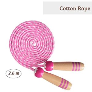 2 Pcs Jumping Rope for Kids, Lorvain Adjustable Skipping Ropes with Wooden Handle Cotton Braided for Boys Girls Jumping Ropes, for Children Students Outdoor Exercise (Blue+Pink)