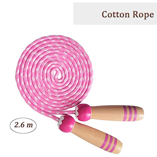 2 Pcs Jumping Rope for Kids, Lorvain Adjustable Skipping Ropes with Wooden Handle Cotton Braided for Boys Girls Jumping Ropes, for Children Students Outdoor Exercise (Blue+Pink)