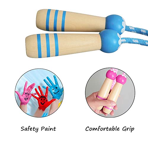 2 Pcs Jumping Rope for Kids, Lorvain Adjustable Skipping Ropes with Wooden Handle Cotton Braided for Boys Girls Jumping Ropes, for Children Students Outdoor Exercise (Blue+Pink)